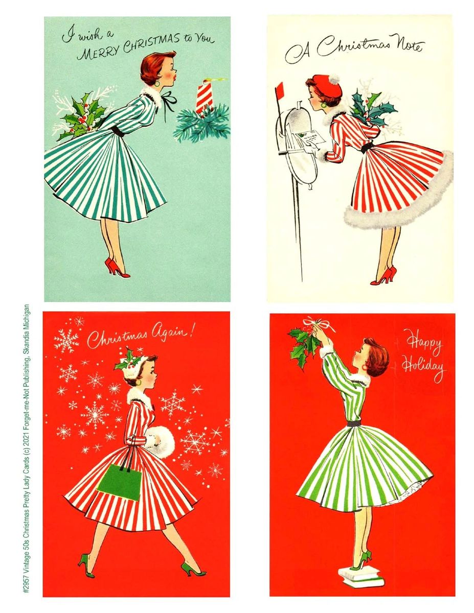 #2957- Four Cut-and-Use 50s Christmas Card Designs, Cute-Pretty Ladies
