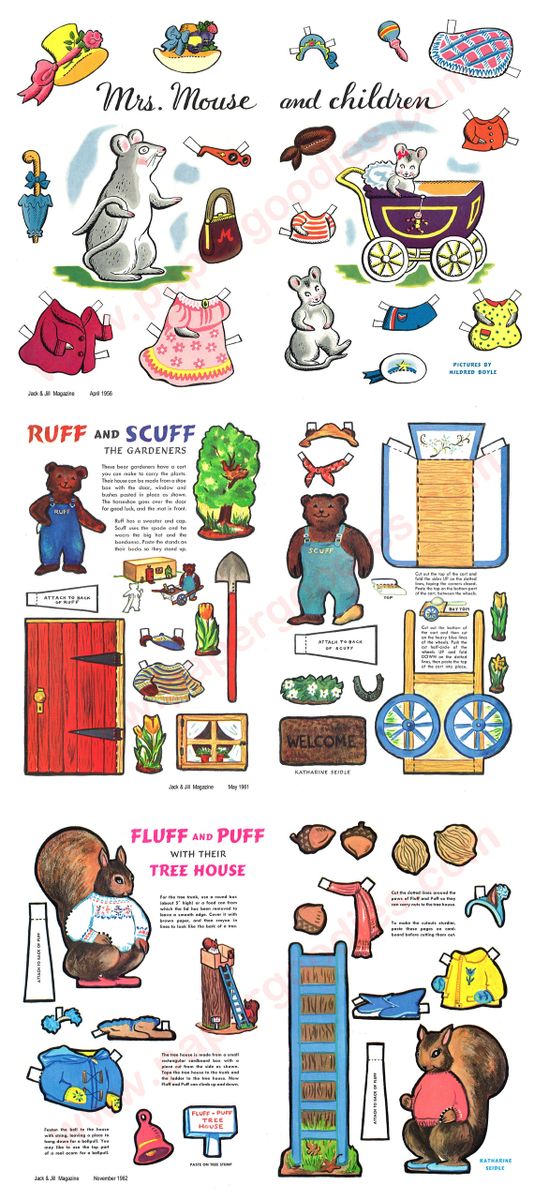 2959- Three Animal Paper Dolls from Jack & Jill; Squirrels, Bears, Mice