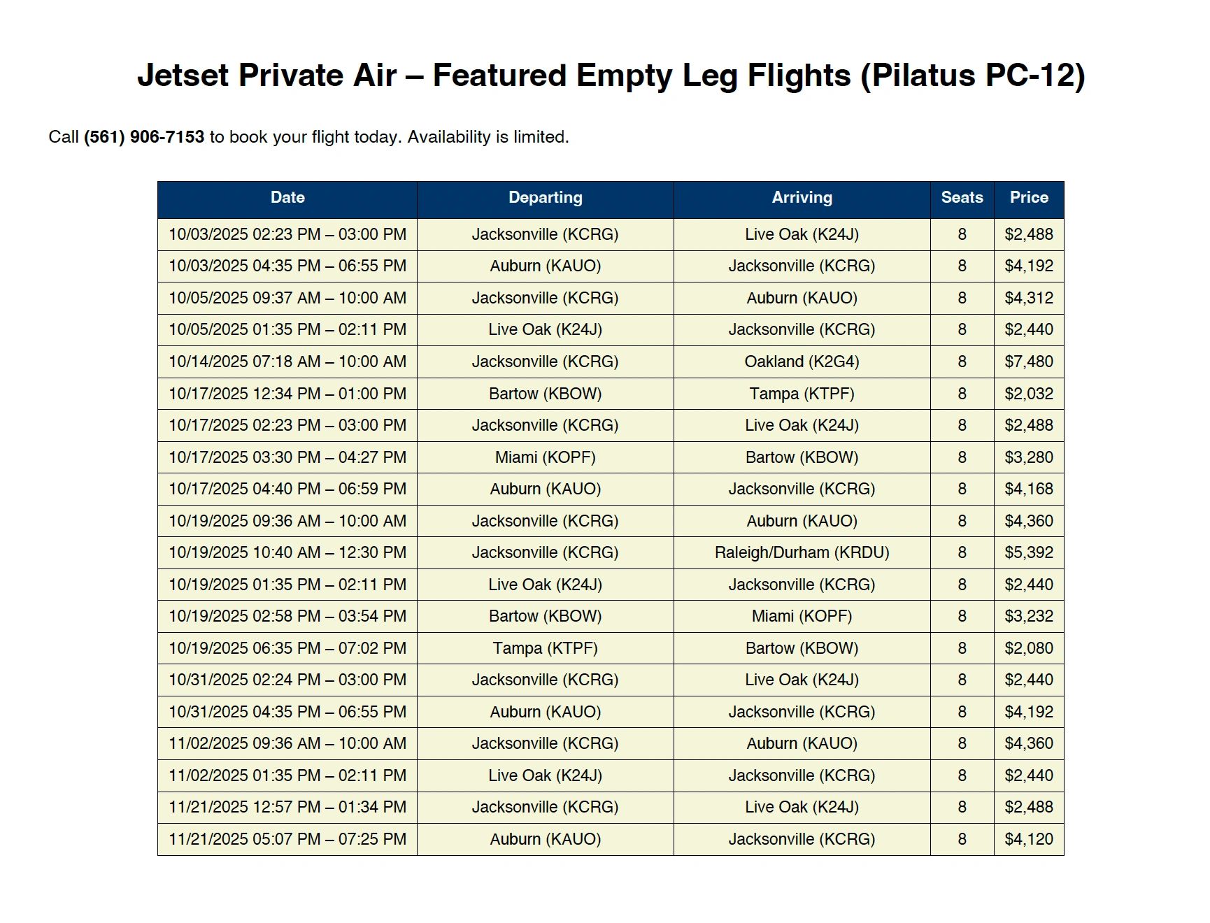 Available Empty Legs in Pilatus PC-12