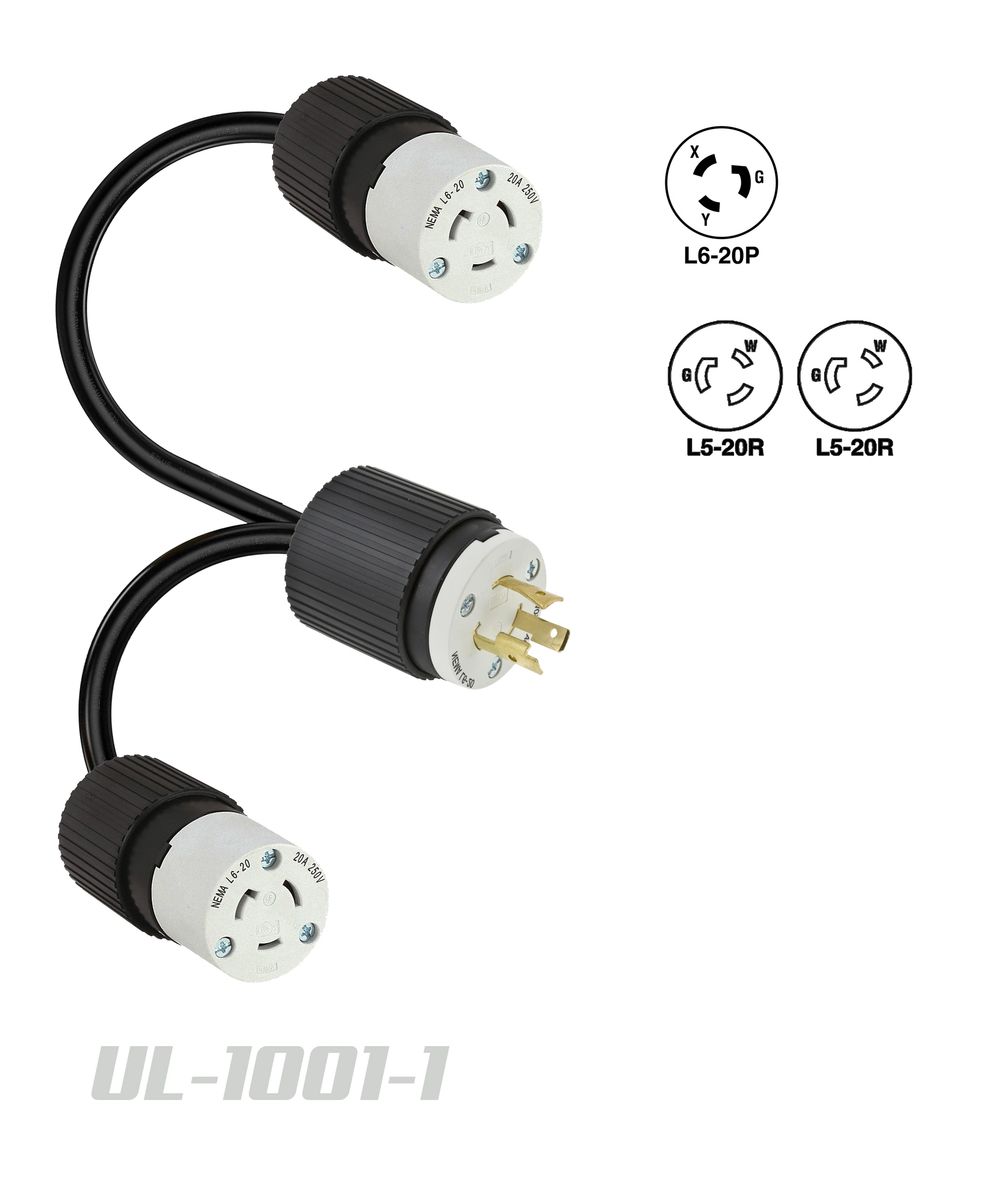 L6-20P 250 Volt 20A Male Plug Twofer - Assembled - to (x2) L5-20 125 ...