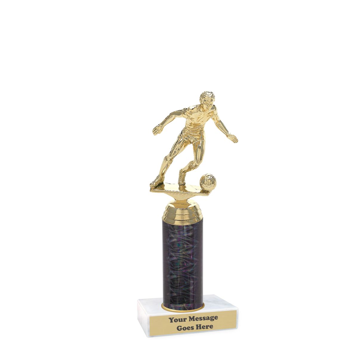 Soccer Action Gold Male Figure on Dazzle Column Series Marble Base Trophies