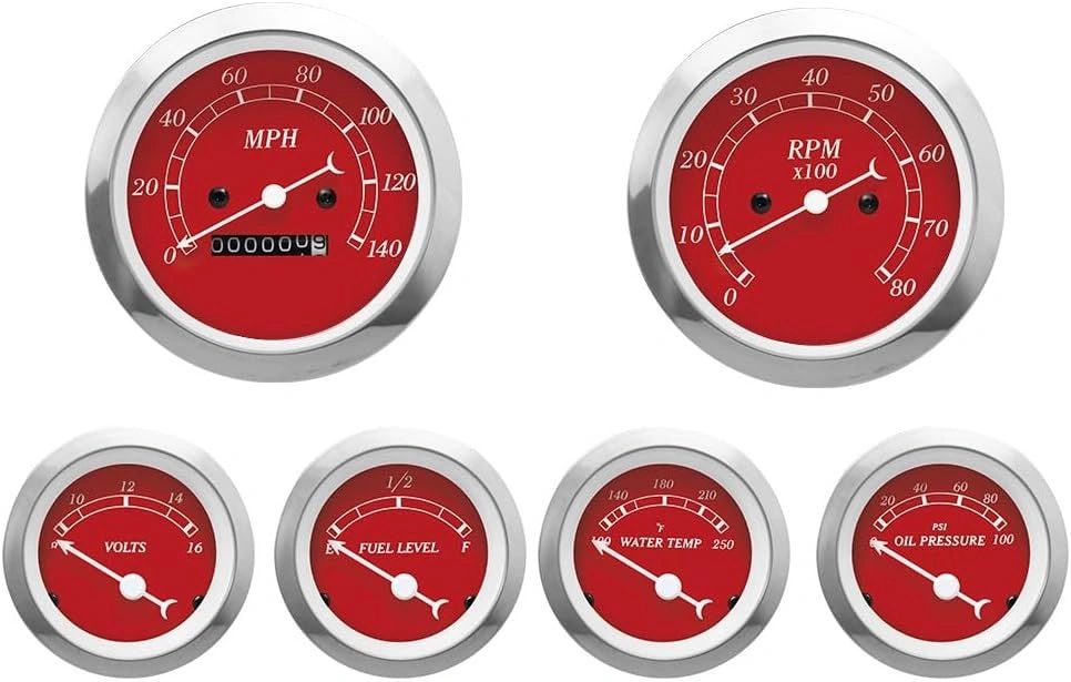 6 Gauge Set Classic with Mechanical Speedometer Analog Odometer Red ...