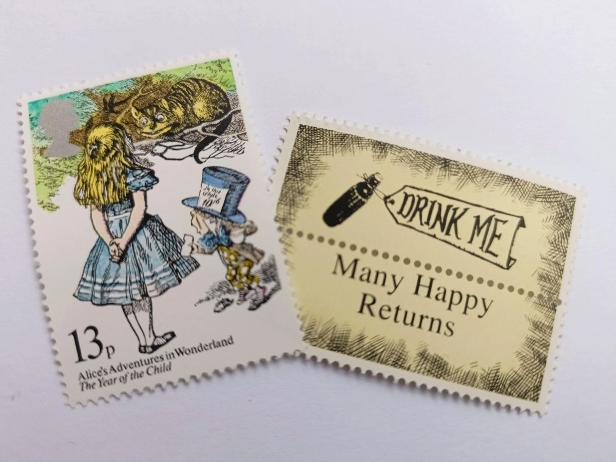 Alice in Wonderland Postage Stamp 1979 with 'Drink Me' label