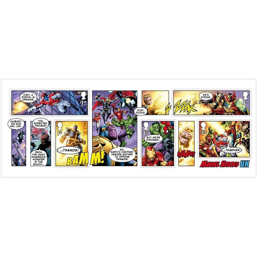 Marvel Super Hero Stamps on collectors sheet. Collectable comic strip ...