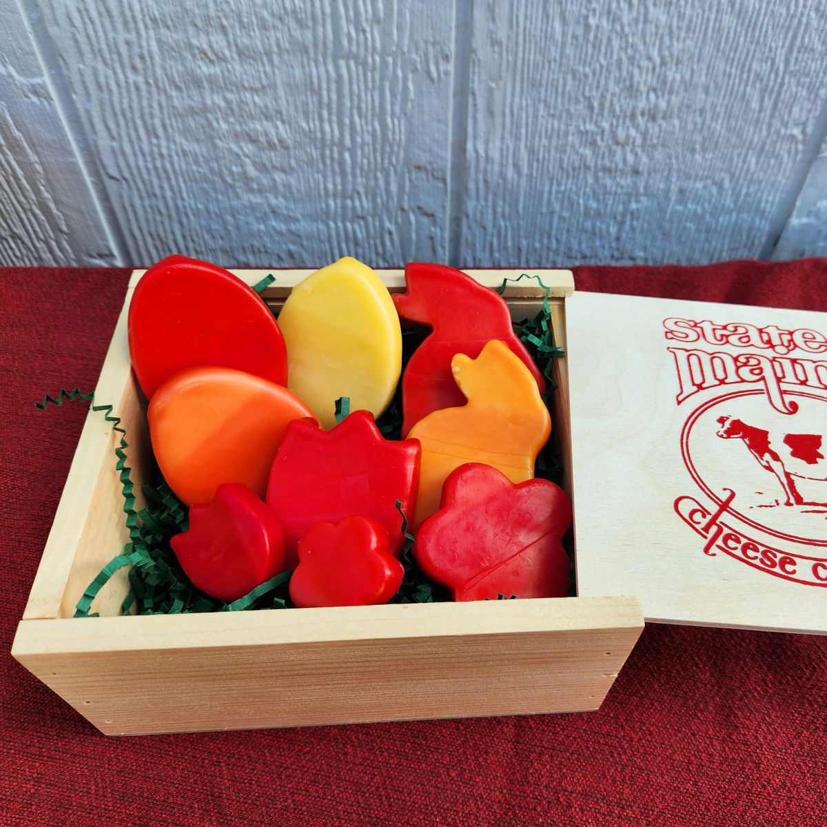 Seasonal Waxed Cheddar Shapes - Christmas Trees, State of Maine and Hearts