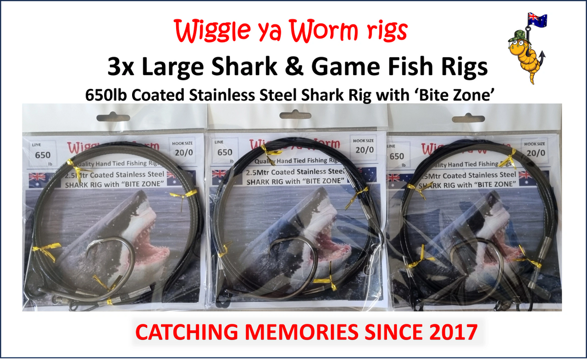 3x 650lb Stainless Steel Coated Wire 2.5m Large Shark rigs with Bite ...