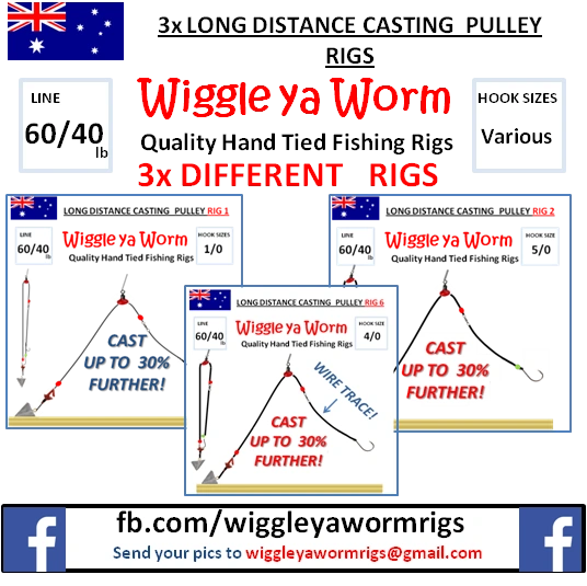 3x Different Wiggle ya Worm Hand Tied 60lb/40lb Long Cast Beach Pulley Rigs