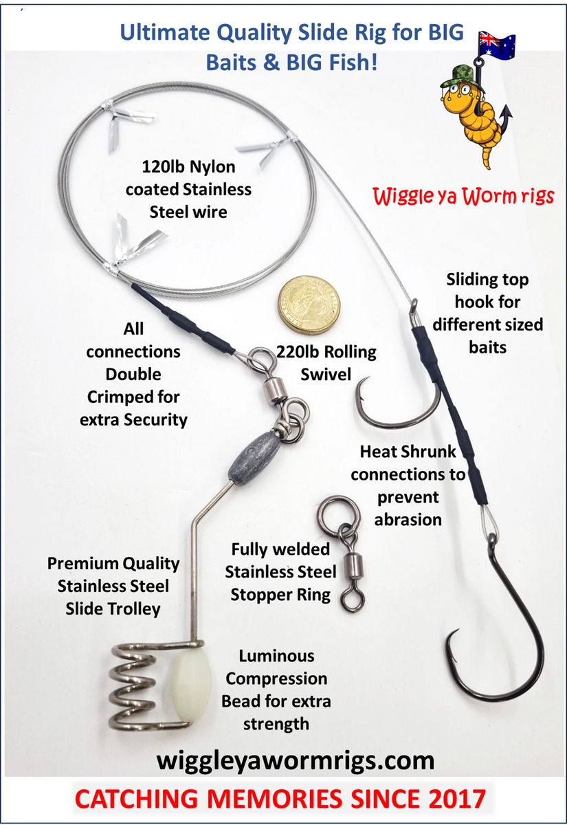 Weighted Pre-Rigged Stainless Steel Slide Rig for BIG baits/fish, 120lb ...