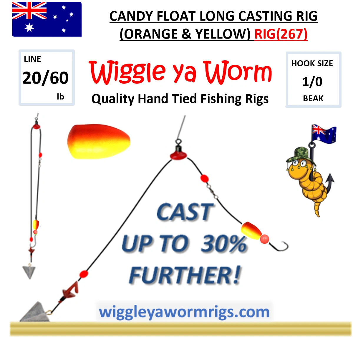 Long Distance Casting rig with a Red & Yellow Pompano Candy Float, 1/0 Hook