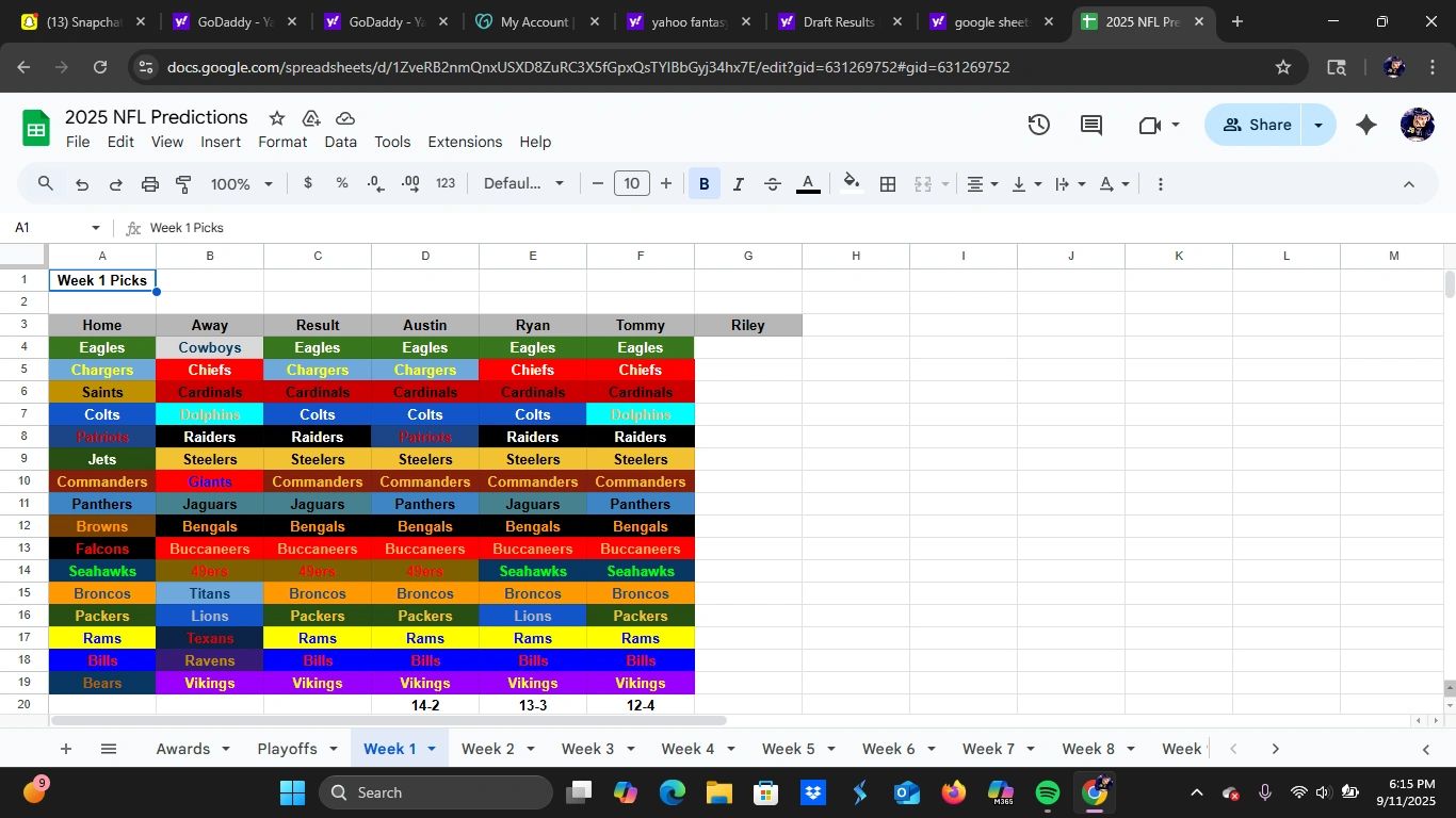 NFL WEEK 1 GAME PICKS