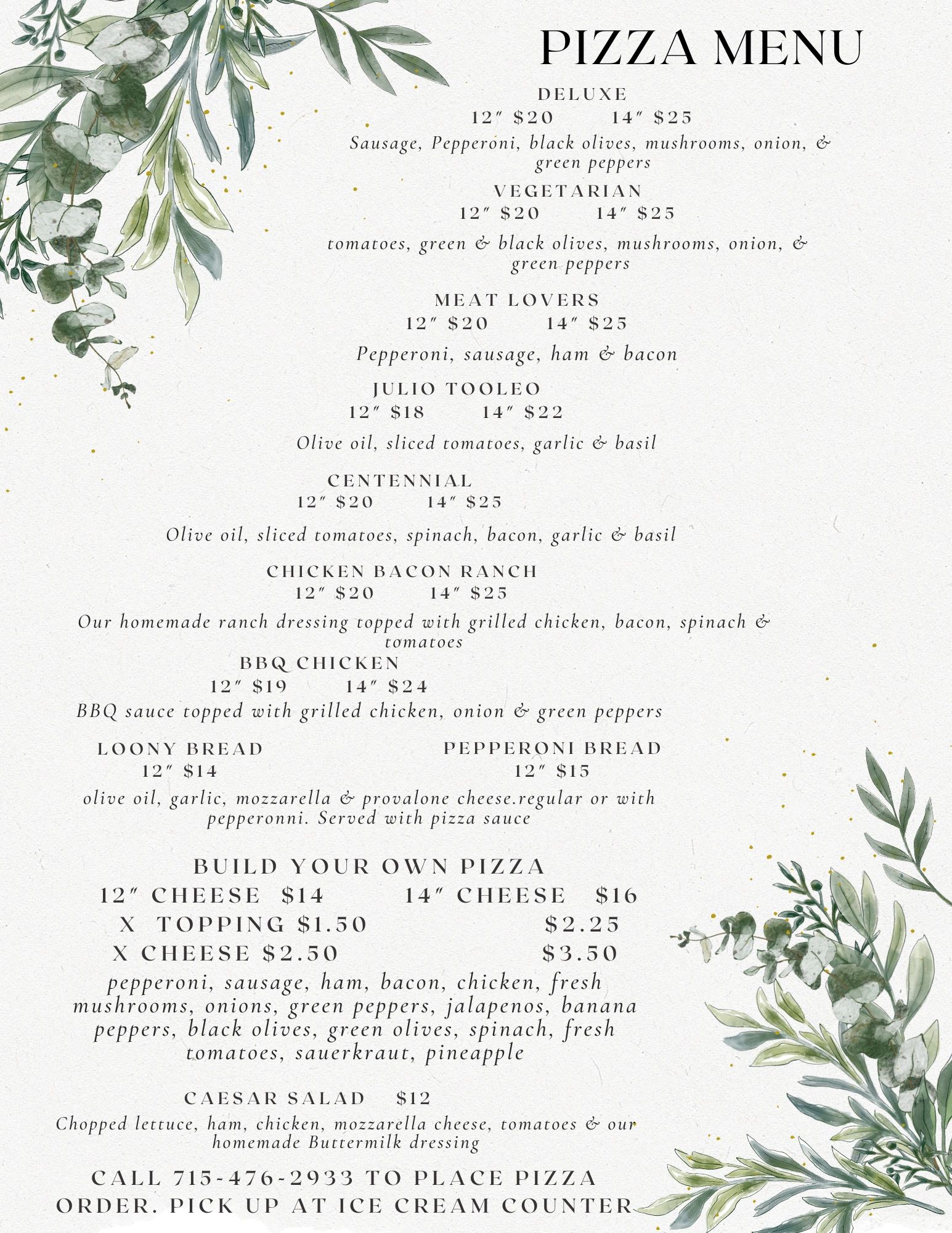 Pizza Menu | The Pines