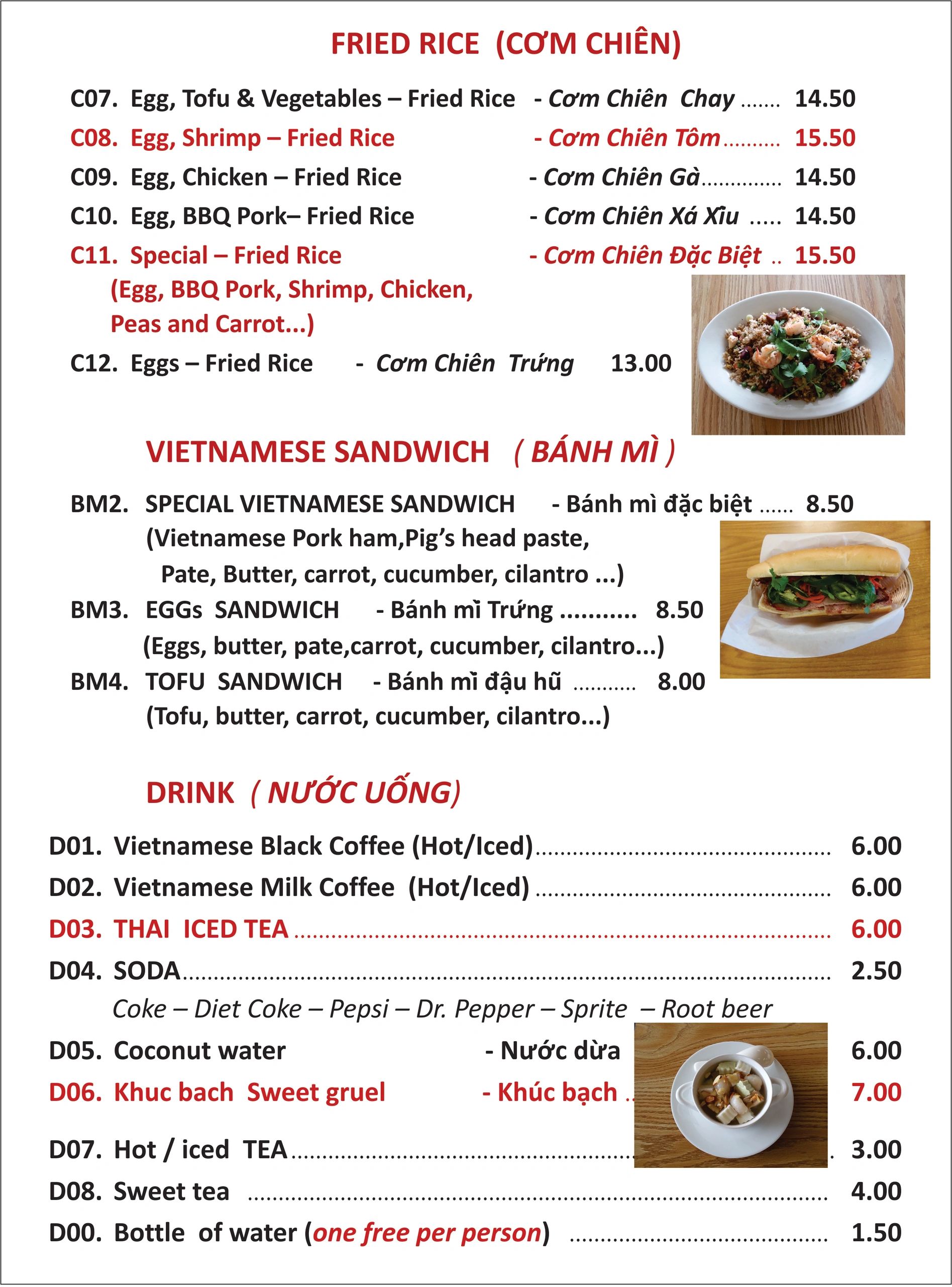 Menu of Pho Phong Luu