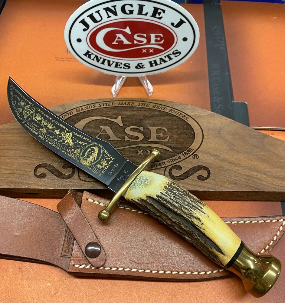 Case Chief Crazy Horse Stag Bowie Knife - Blued Blade With Gold Artwork ...