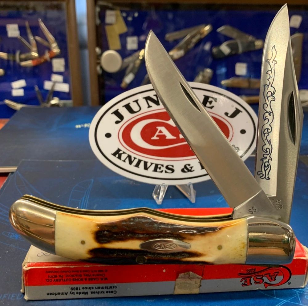 Case Stag Large Folding Hunter Knife (5265 SAB SSP) Blue Scroll Year 1977