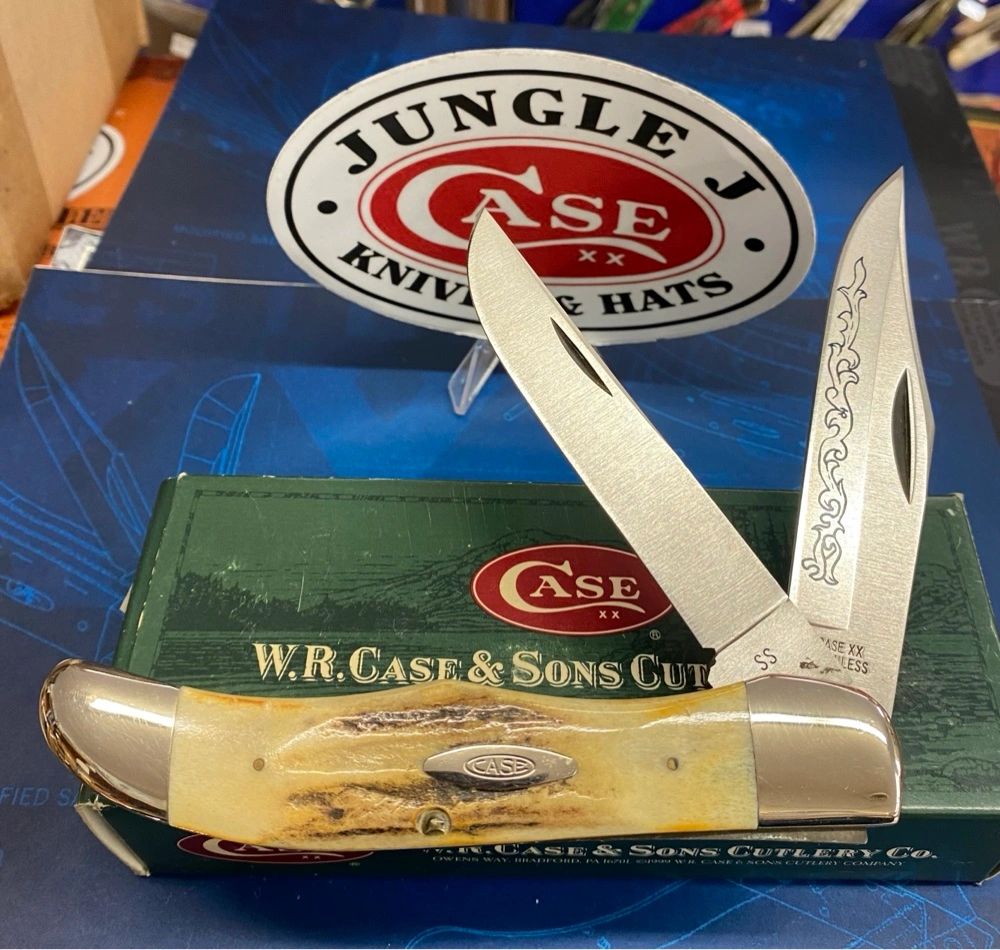 Case Stag Folding Hunter Knife (5265 SAB SSP) Blue Scroll Stag Year 1977