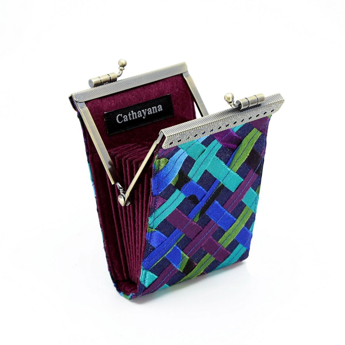 Hand Woven Ribbon Card Holder In Blue & Purple