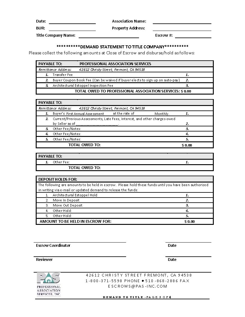 HOA Demand to Title Company (INITIAL FEE) 1-3 business days turnaround