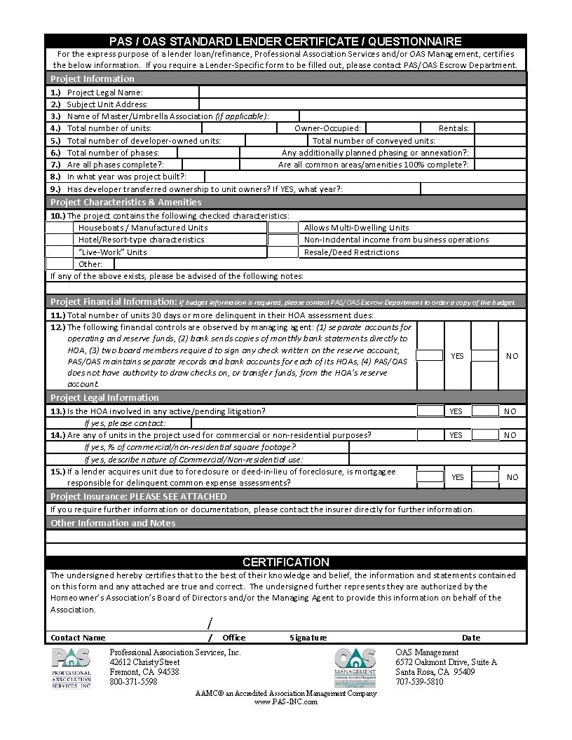 HOA Cert (General) 3-5 business days turnaround
