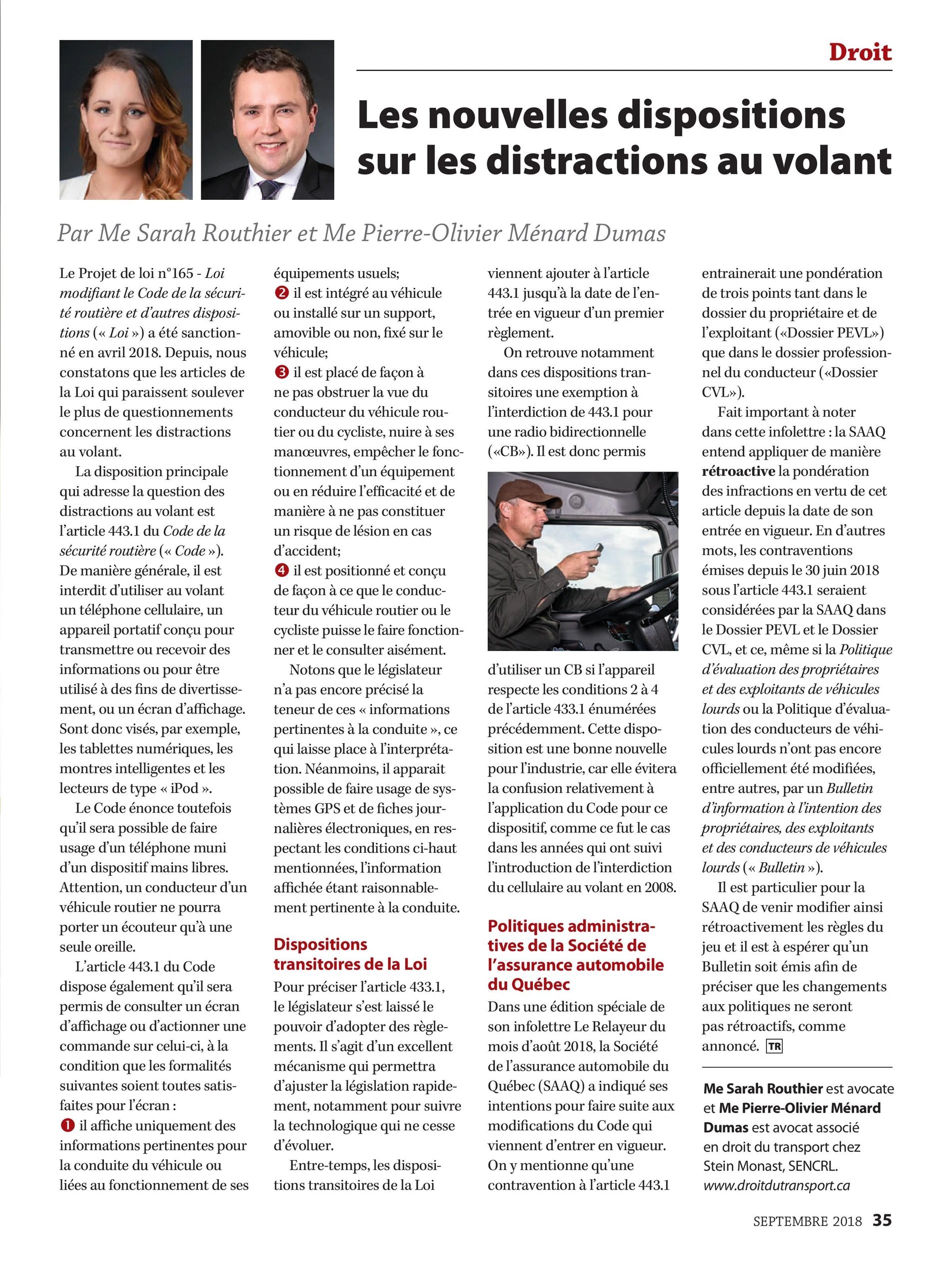 Distractions au volant : cellulaire, CB, fiche journalière et GPS