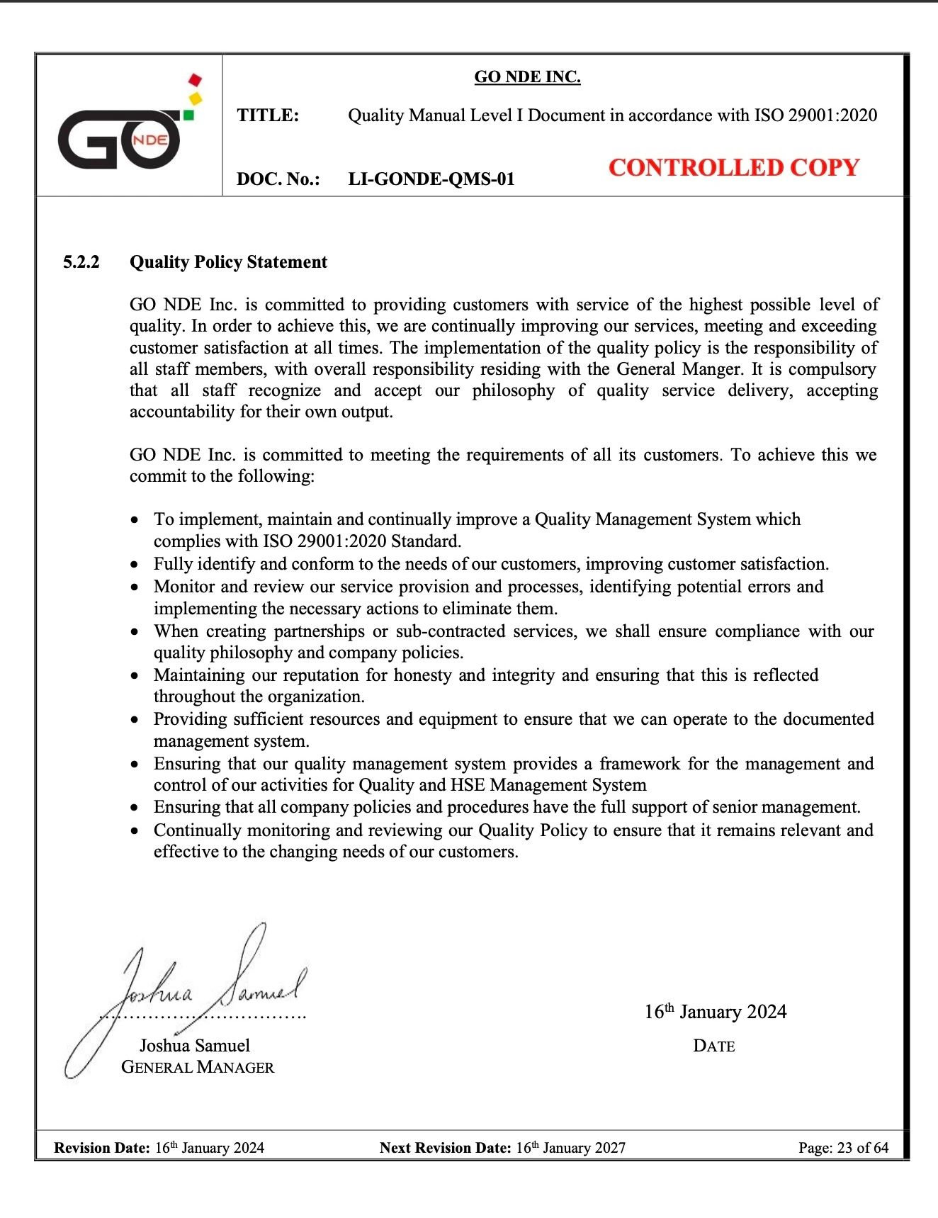 Go NDE Quality Manual Level 1 Document