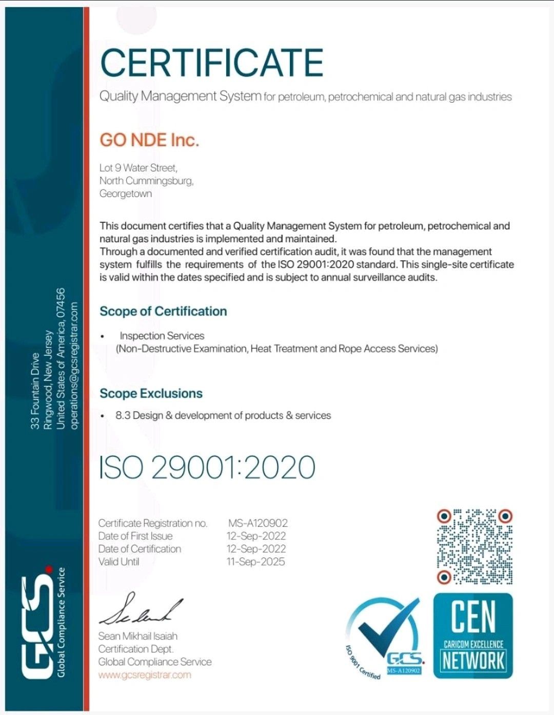 GO NDE Inc. ISO 29001:2020 Certificate