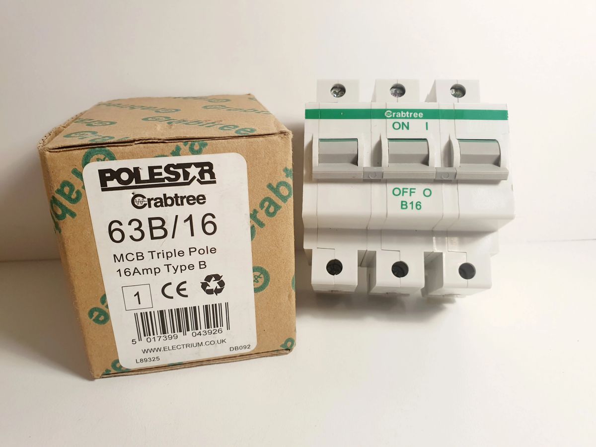 Crabtree Polestar 16a type B, 3 pole mcb, circuit breaker, 63B/16 NEW