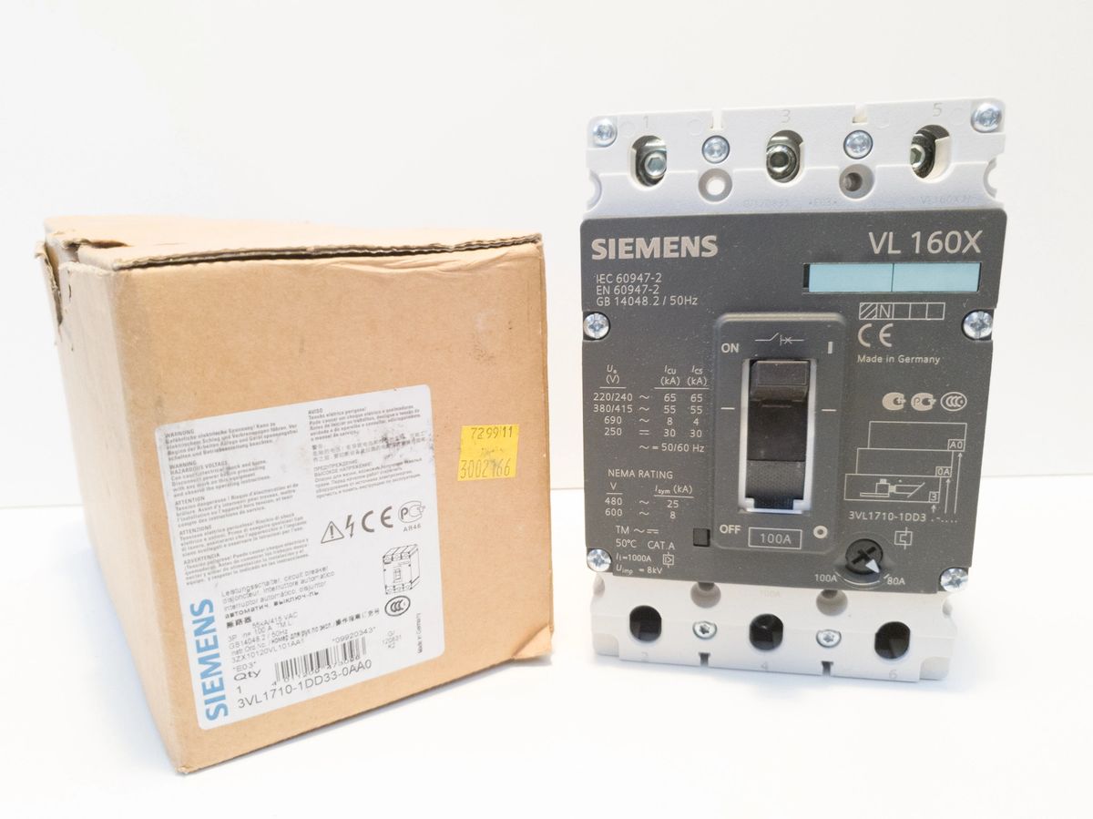 Siemens VL 160X 100a to 80a adjustable 3 pole MCCB, 3VL1710-1DD33-0AA0 ...