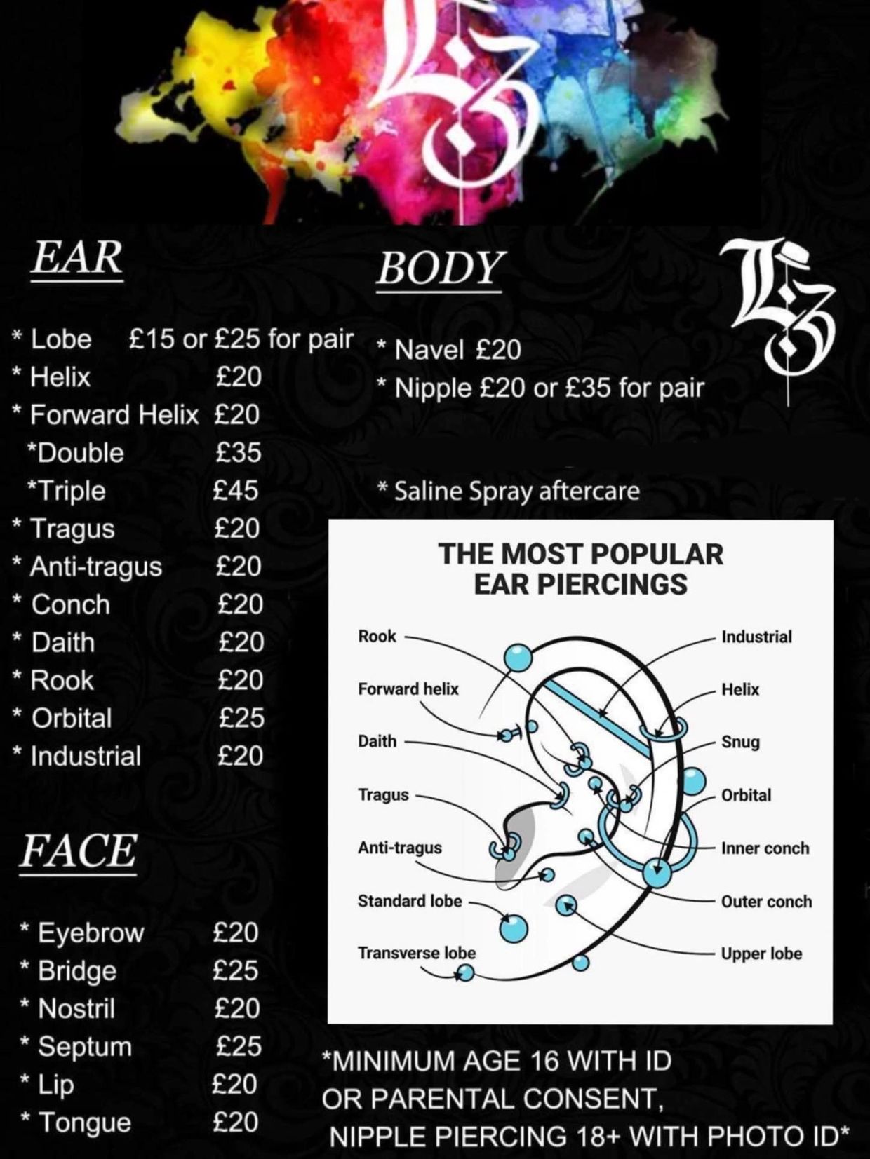 BODY PIERCING PRICE LIST