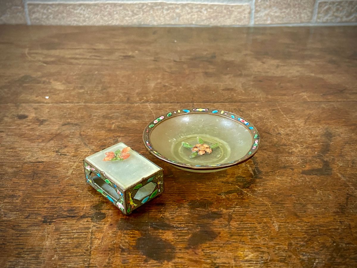 Antique Chinese Jade Cloisonné Decorated Matchbox & Ashtray