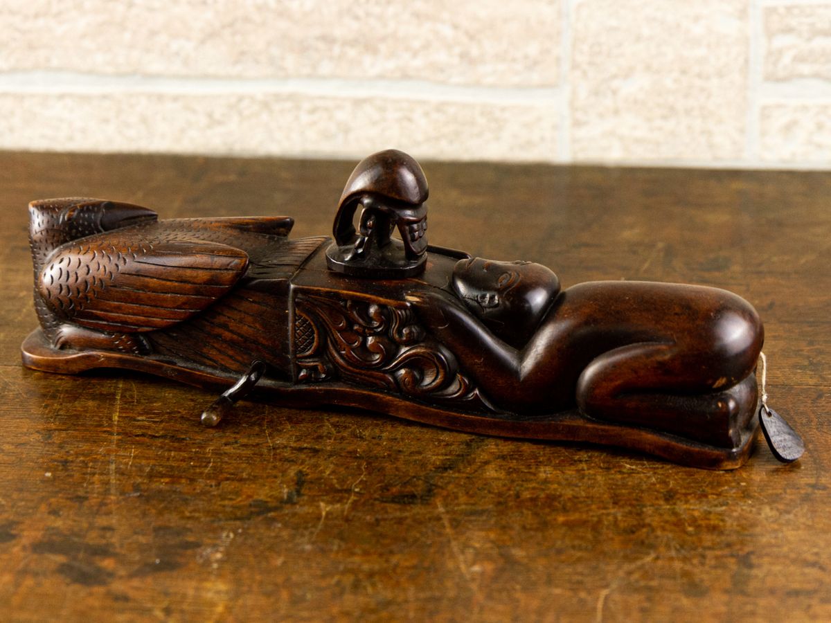 Antique Indonesian Carved Wood Chalk Line, Plumb Line, Carpenters tool.