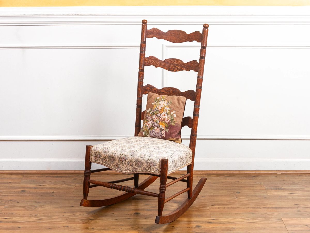 Antique Golden Oak Ladder Back Rocking Chair With Upholstered Seat