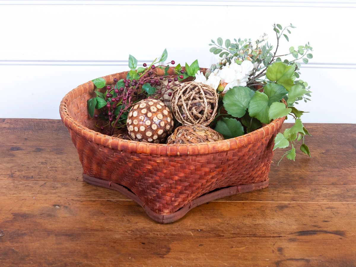Rare Vintage Asian Large Splint Wood Woven Bamboo Orange Stained ...