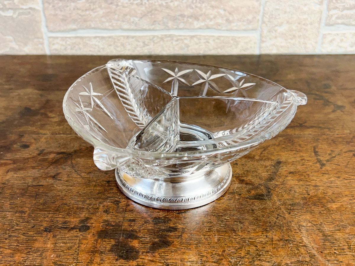 Vintage Crystal Divided Snack Dish Bowl with Sterling Silver Base.