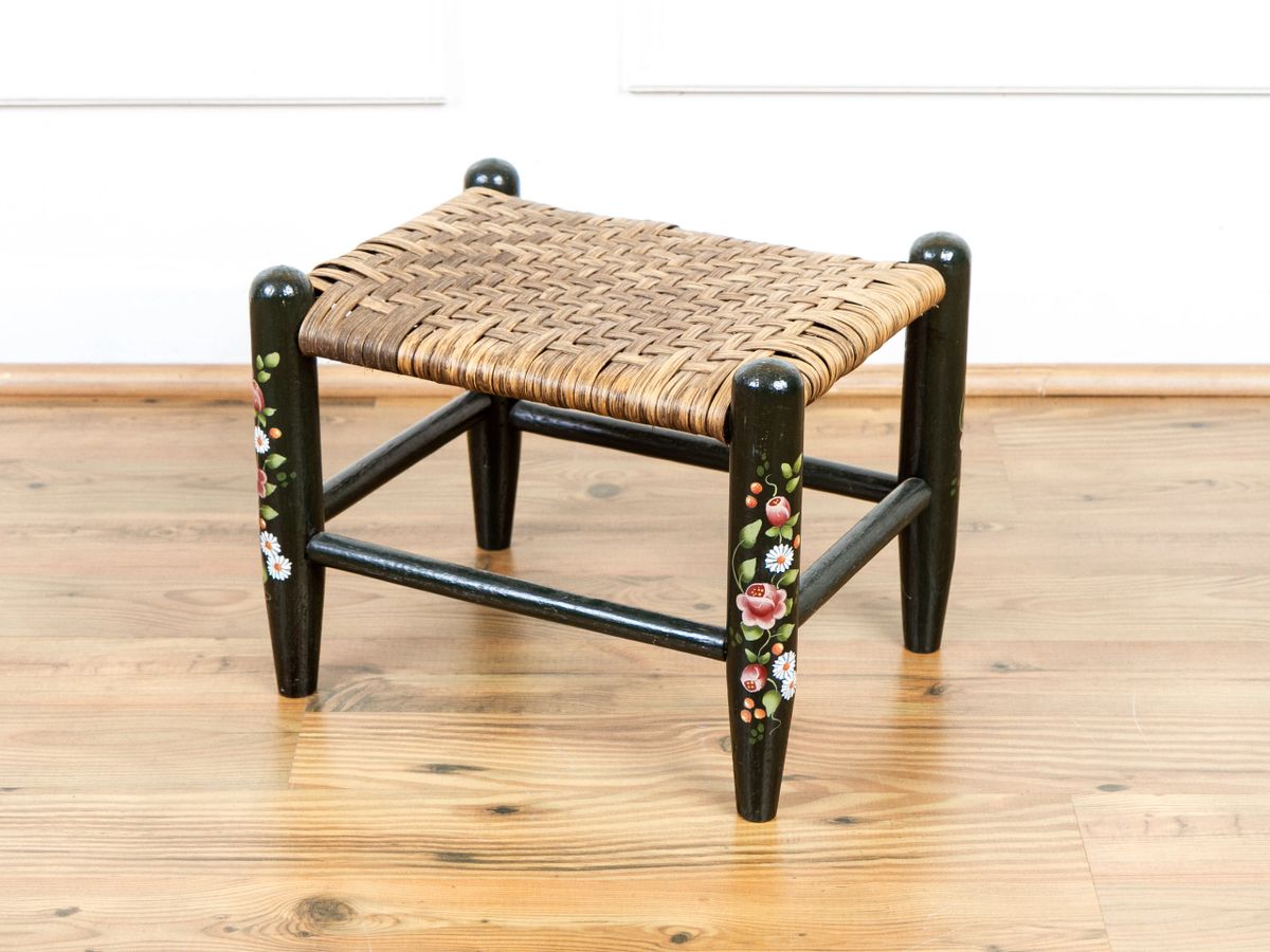 Vintage Hand Painted Small Wooden Footstool with Woven Reed Seat.