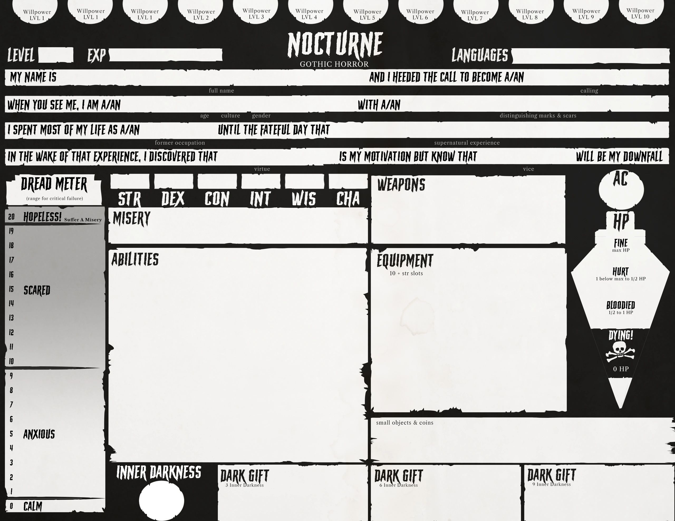 NOCTURNE Gothic Horror OSR Character Sheet Preview