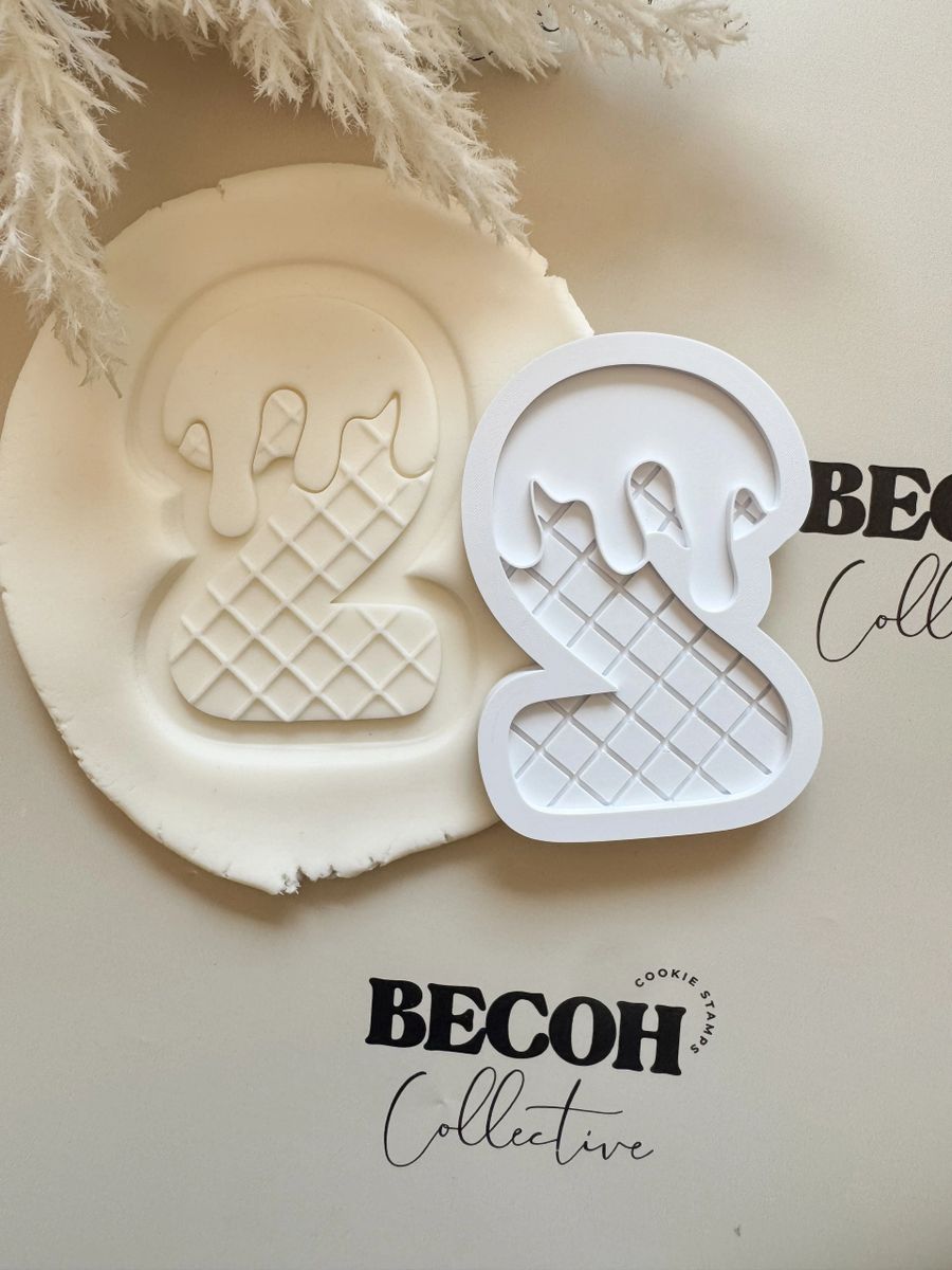Number 2 Waffle Drip Cookie Stamp & Cutter