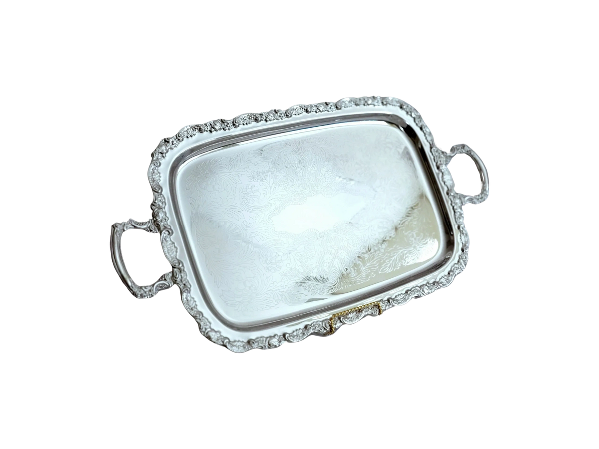 14"X23" FOOTED SILVER RECTANGULAR TRAY WITH HANDLES