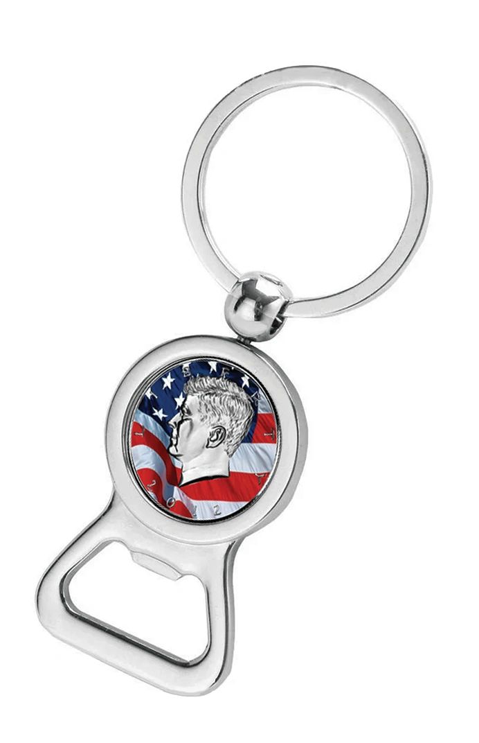 JFK Half Dollar Flag Bottle Opener Keychain