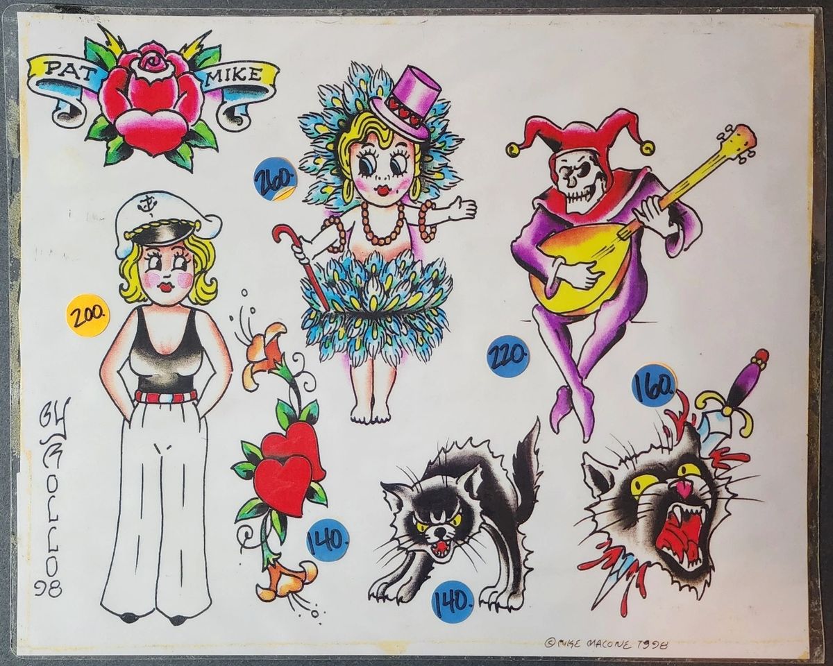 Vintage,1998 Mike Rollo Malone Shop Used Tattoo Flash Production Sheet ...