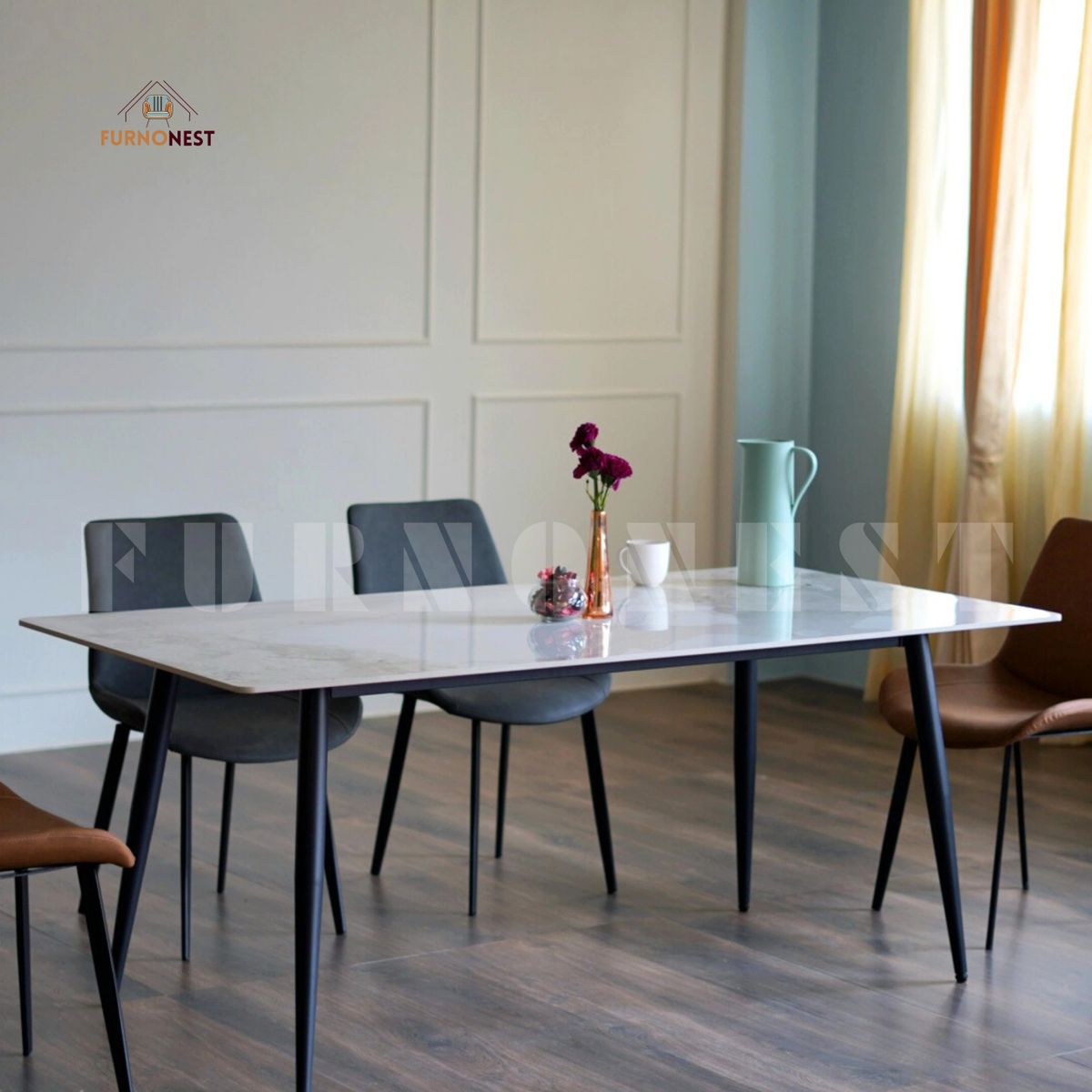 SCULLY MODERN SLATE DINING TABLE SET 6 SEATER WITH METAL BASE - CALA WHITE