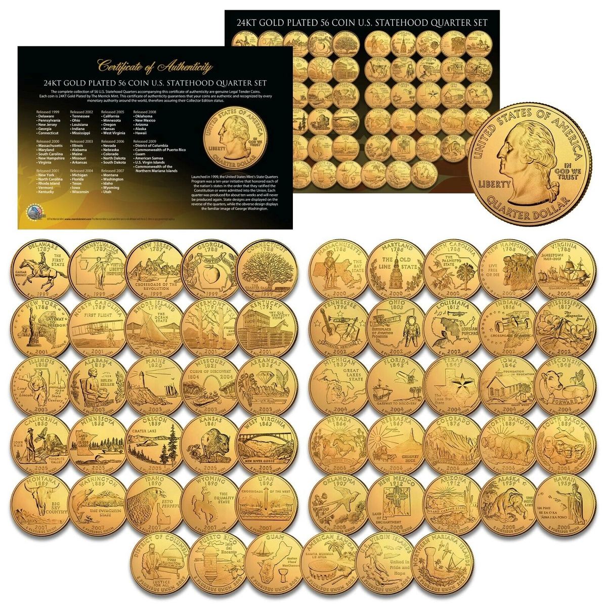 1999-2009 COMPLETE SET of ALL 56 Statehood U.S. Quarters 24K GOLD ...