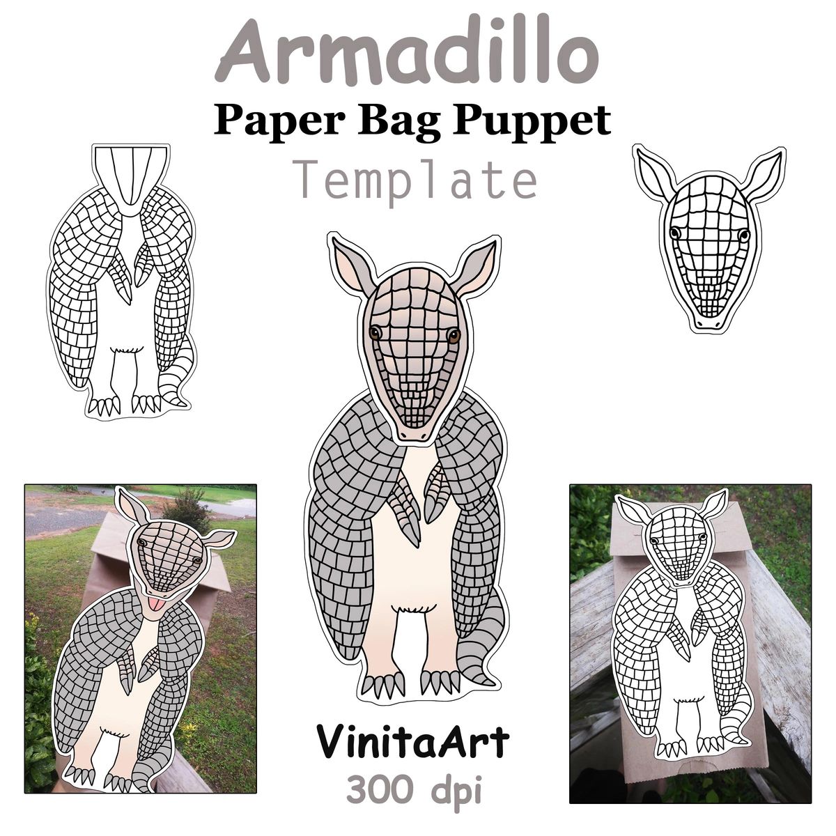 Armadillo paper craft puppet template