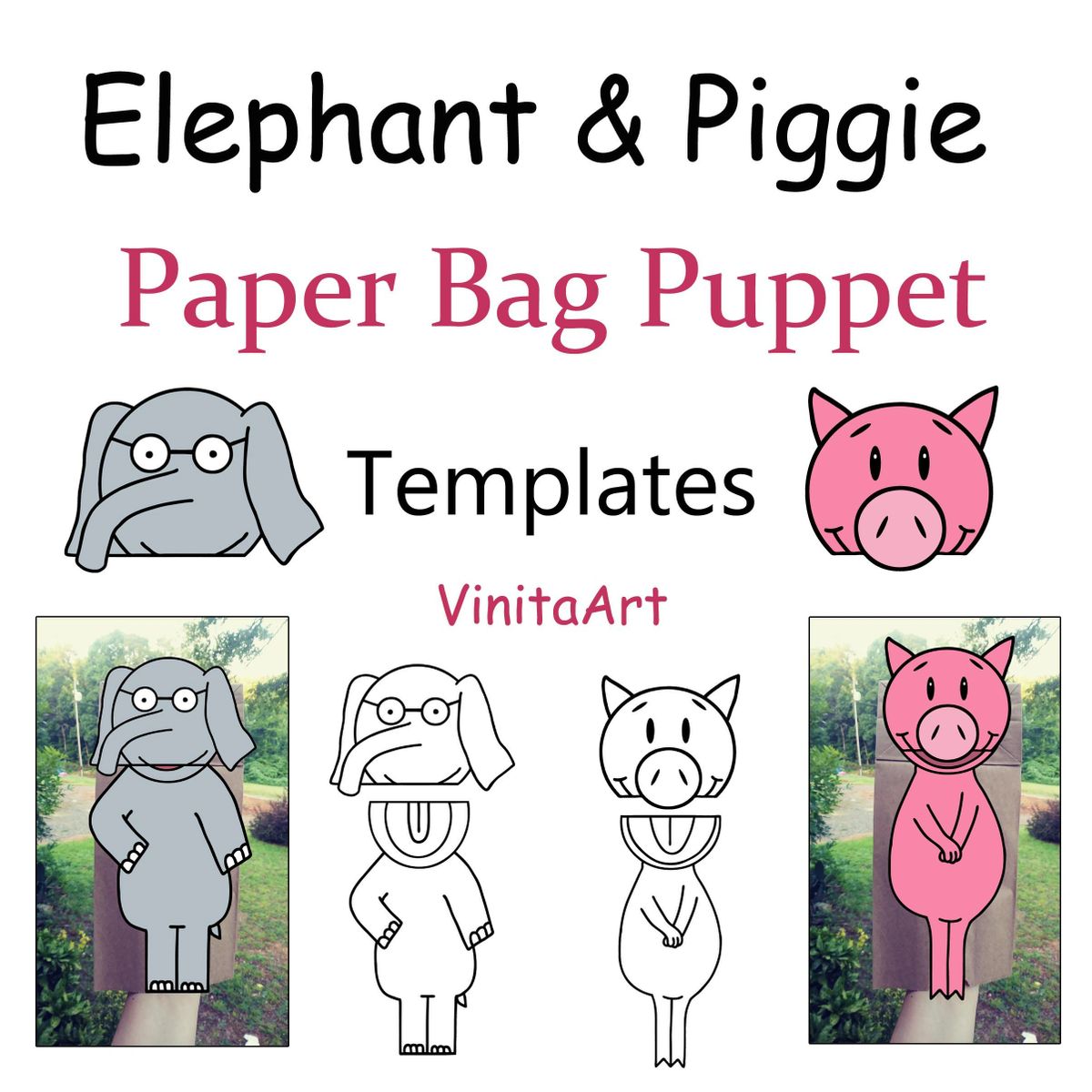 Elephant & Piggie paper craft puppet templates