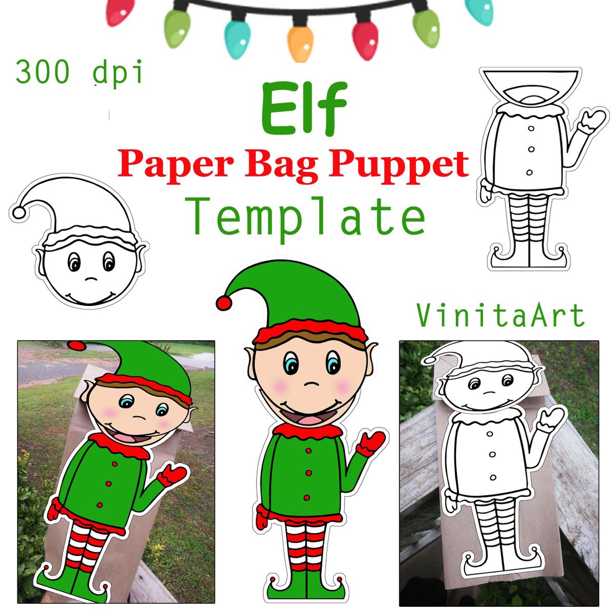 Elf paper bag puppet template