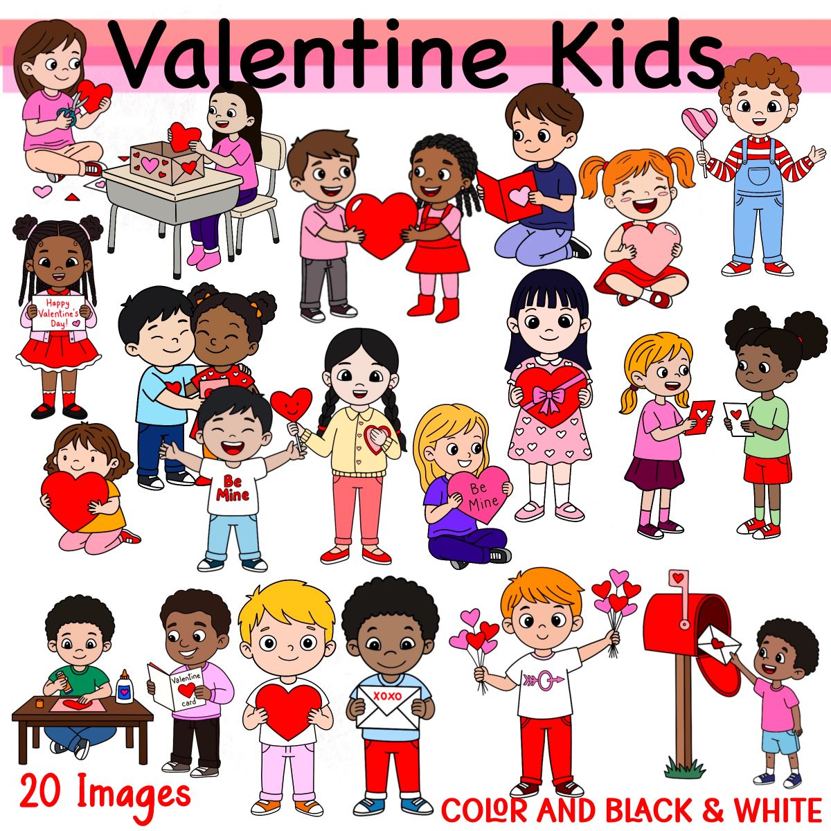 Valentine Kids Clip Art Set-20 Color & 20 B&W Commercial Use