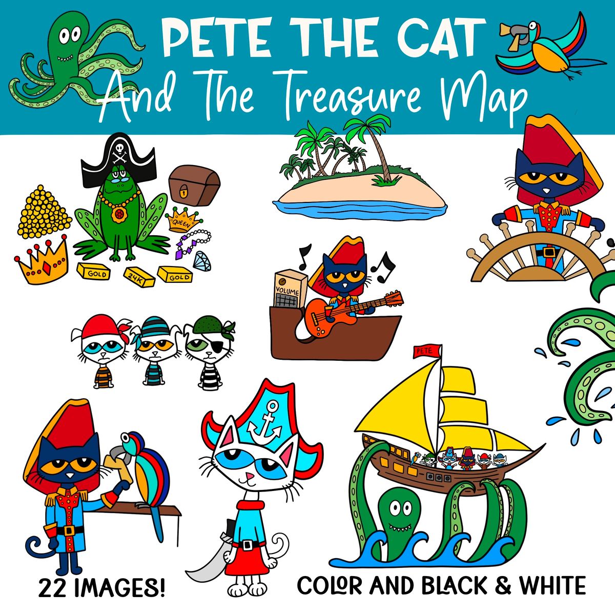 Pete the Cat and the Treasure map storybook clipart