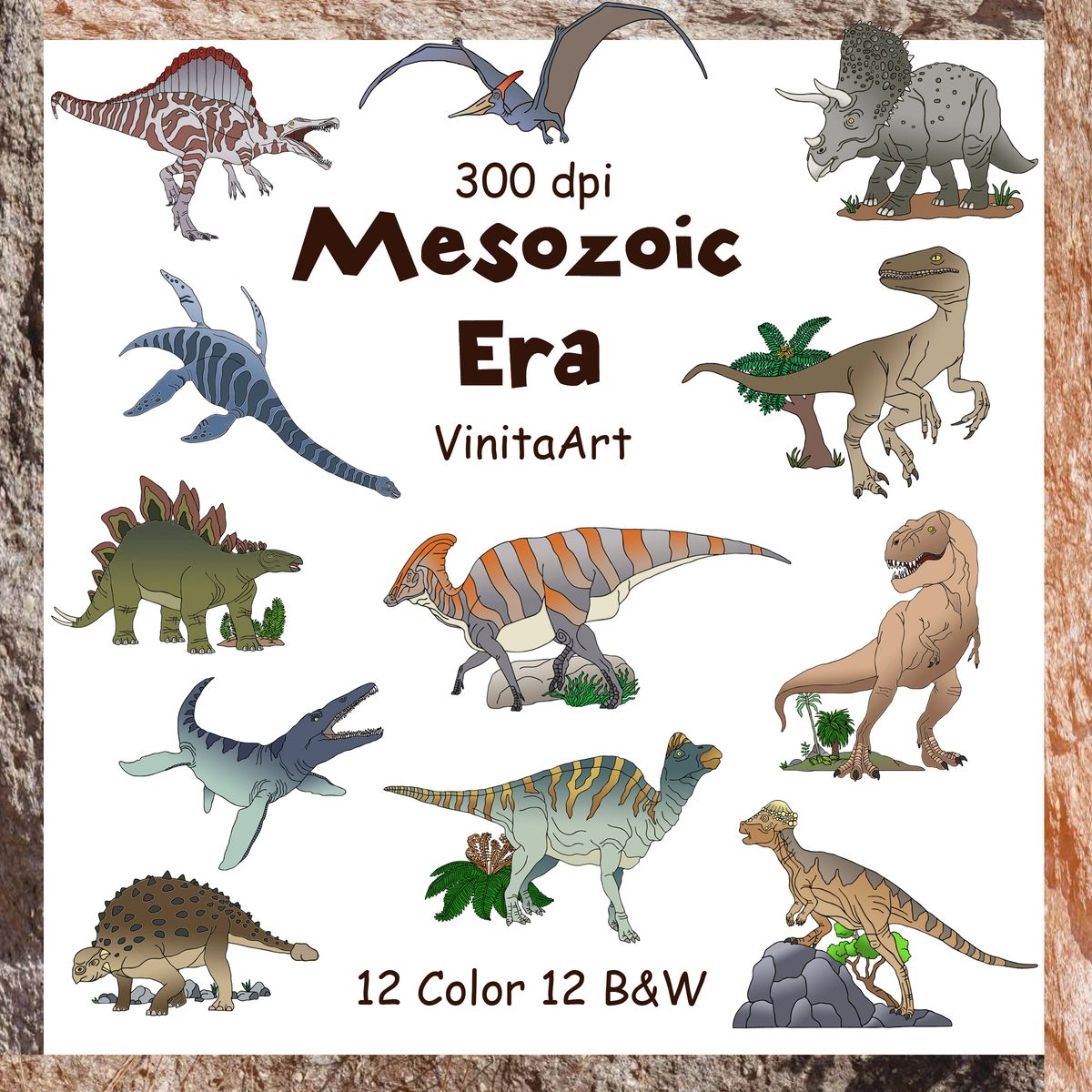 Mesozoic Era prehistoric Dinosaur Clip Art, high resolution 12 color ...