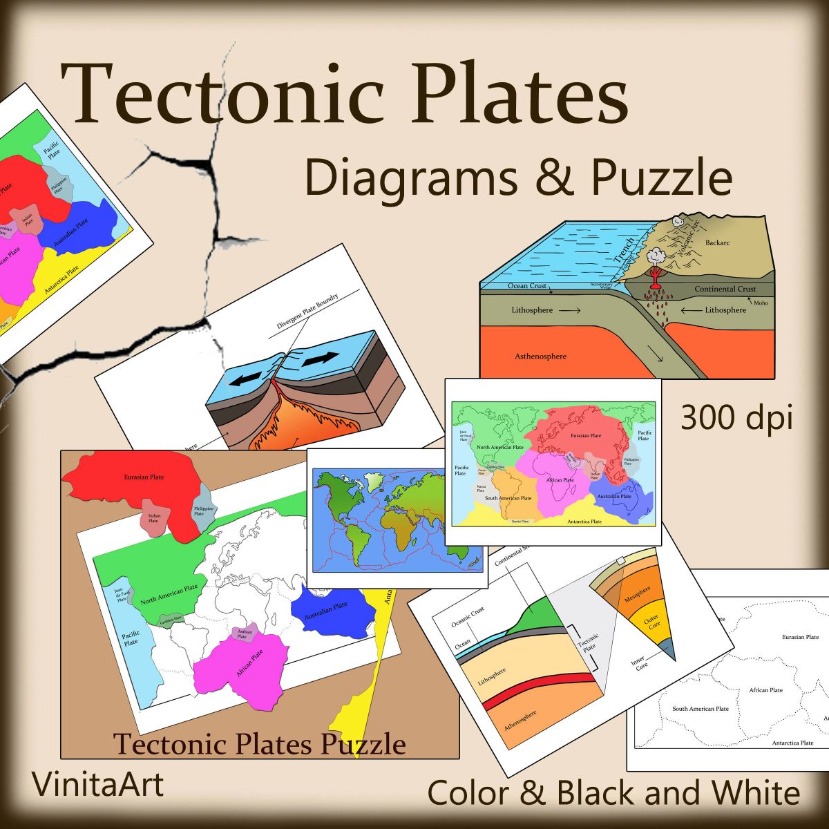 Plate tectonics diagrams & puzzle template, high resolution images