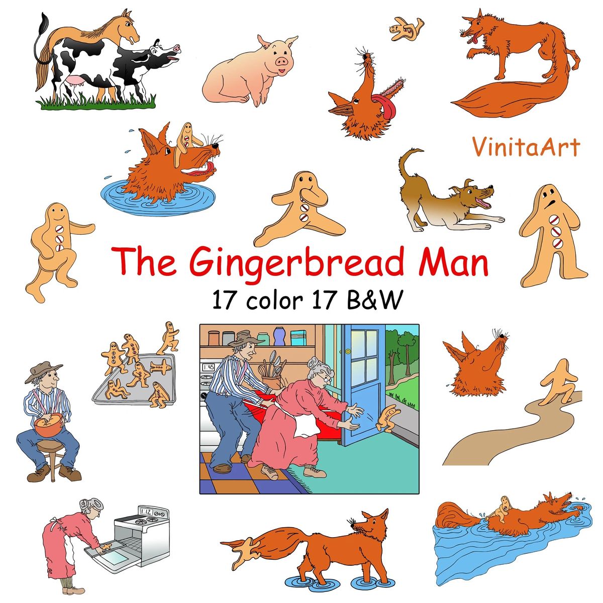 The Gingerbread Man storybook clipart, 17 color and 17 black and white ...