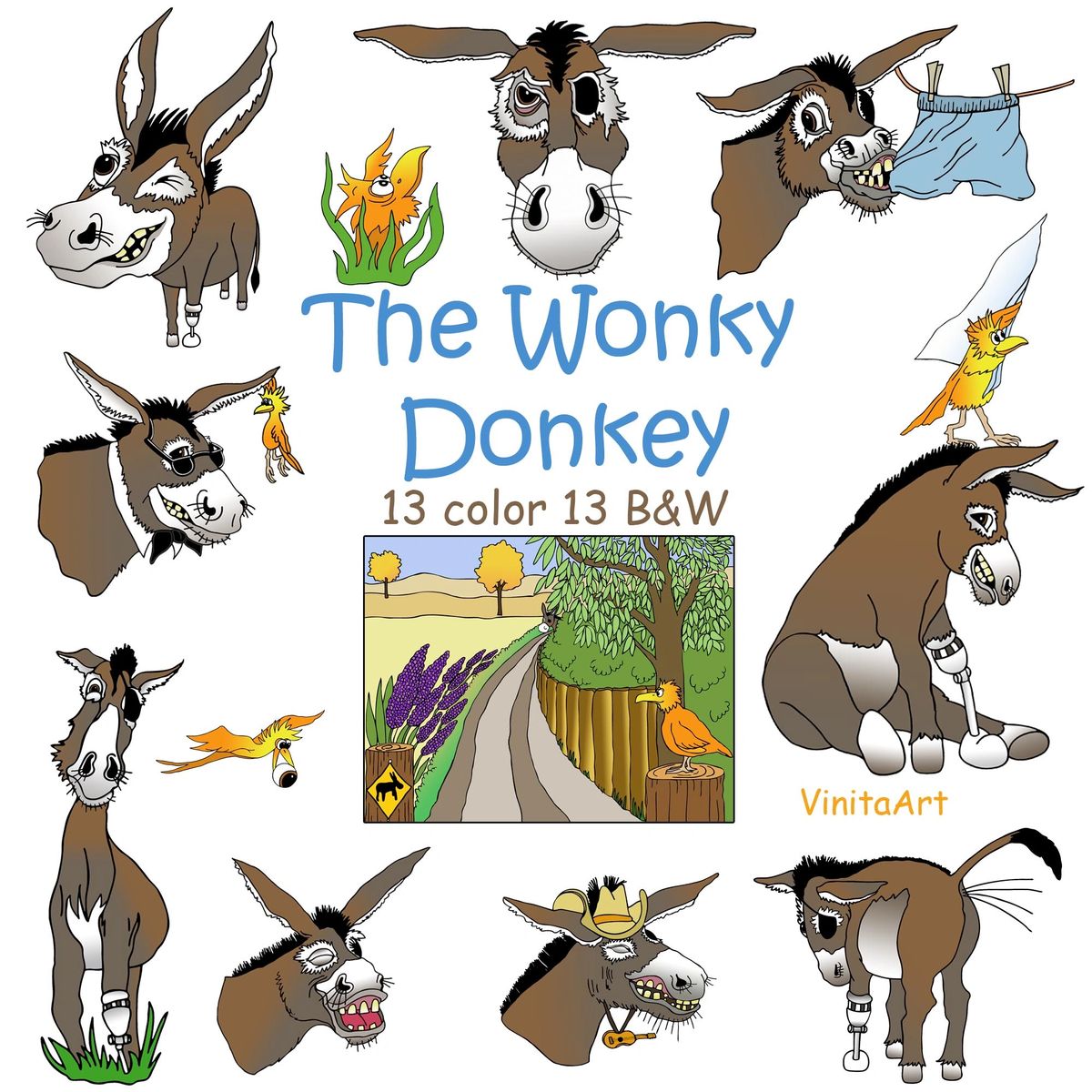 The Wonky Donkey, storybook clipart, 13 color and 13 black and white Images